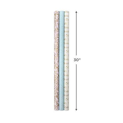 Hallmark All Occasion Reversible Wrapping Paper Bundle - Pastel & Metallic Celebrate (3-Pack: 75 sq. ft. ttl.) for Mother's Day, Weddings, Birthdays, Baby Showers, Bridal Showers or Any Occasion