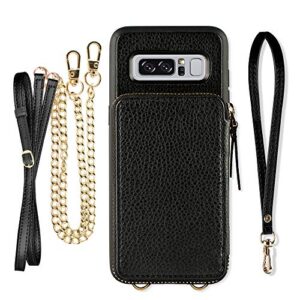 zve samsung galaxy note 8 wallet case, galaxy note 8 case with credit card holder crossbody chain wristlet zipper purse handbag protective shockproof case cover for samsung galaxy note 8 6.3"- black