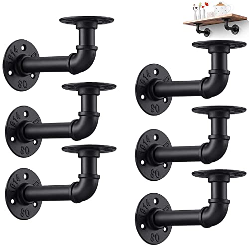 Industrial DIY Pipe Shelf Brackets,Vintage Black Iron Wall Mount Pipe Shelving Bracket, Rustic Home Pipe Shelf,6 Pack