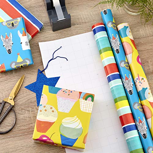 Hallmark All Occasion Wrapping Paper Bundle with Cut Lines on Reverse - Llamas and Cupcakes (3-Pack: 55 sq. ft. ttl.) Bright and Holographic Prints for Birthdays, Baby Showers, Valentines and More