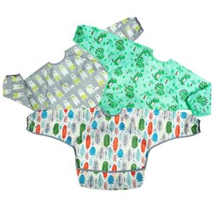 pandaear long sleeve bib 3-pack| smock pocket crumb catcher apron | 12-48 months