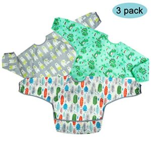 PandaEar Long Sleeve Bib 3-Pack| Smock Pocket Crumb Catcher Apron | 12-48 Months