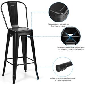 COSTWAY Metal Bar stools Set of 4, with Removable Back, 30'' Bar Height Stools with Rubber Feet, Stylish and Modern Chairs, for Kitchen, Dining Rooms, and Side Bar (Black-Update, 30'')