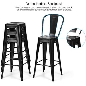 COSTWAY Metal Bar stools Set of 4, with Removable Back, 30'' Bar Height Stools with Rubber Feet, Stylish and Modern Chairs, for Kitchen, Dining Rooms, and Side Bar (Black-Update, 30'')