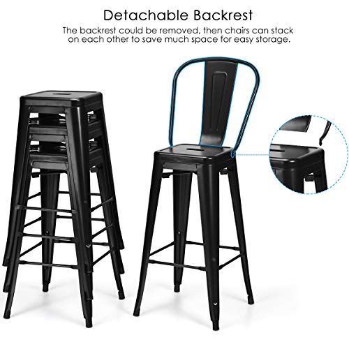 COSTWAY Metal Bar stools Set of 4, with Removable Back, 30'' Bar Height Stools with Rubber Feet, Stylish and Modern Chairs, for Kitchen, Dining Rooms, and Side Bar (Black-Update, 30'')