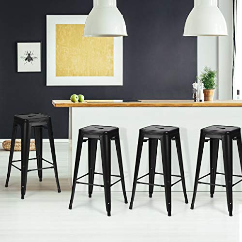 COSTWAY Metal Bar stools Set of 4, with Removable Back, 30'' Bar Height Stools with Rubber Feet, Stylish and Modern Chairs, for Kitchen, Dining Rooms, and Side Bar (Black-Update, 30'')