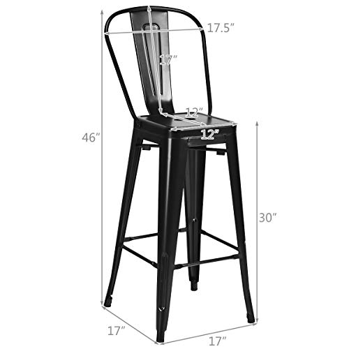 COSTWAY Metal Bar stools Set of 4, with Removable Back, 30'' Bar Height Stools with Rubber Feet, Stylish and Modern Chairs, for Kitchen, Dining Rooms, and Side Bar (Black-Update, 30'')