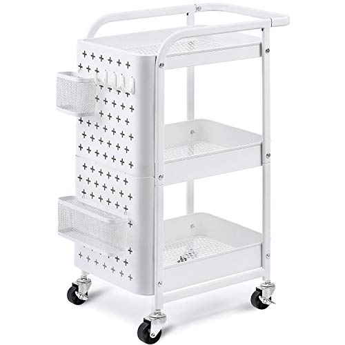 KINGRACK 3-Tier Rolling Cart, Metal Utility Cart with Pegboard, Utility Rolling Storage Carts with Wheels, Craft Storage Trolley with Handle for Kitchen Office Classroom, White