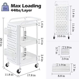 KINGRACK 3-Tier Rolling Cart, Metal Utility Cart with Pegboard, Utility Rolling Storage Carts with Wheels, Craft Storage Trolley with Handle for Kitchen Office Classroom, White