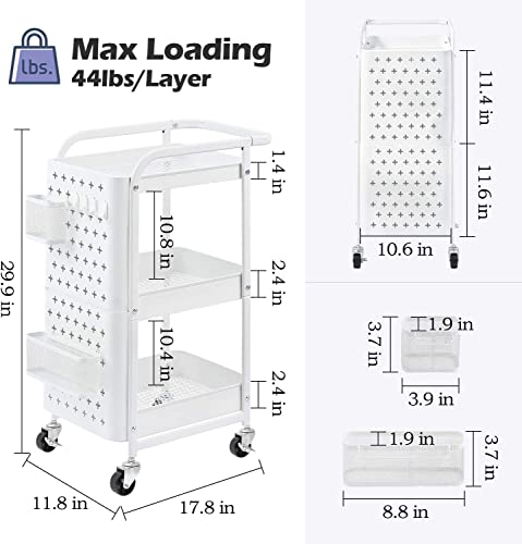 KINGRACK 3-Tier Rolling Cart, Metal Utility Cart with Pegboard, Utility Rolling Storage Carts with Wheels, Craft Storage Trolley with Handle for Kitchen Office Classroom, White