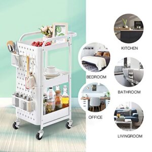 KINGRACK 3-Tier Rolling Cart, Metal Utility Cart with Pegboard, Utility Rolling Storage Carts with Wheels, Craft Storage Trolley with Handle for Kitchen Office Classroom, White