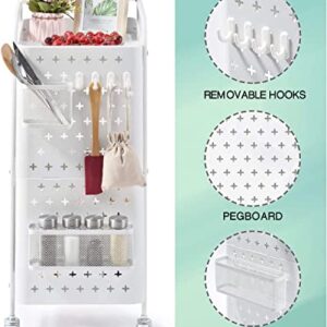 KINGRACK 3-Tier Rolling Cart, Metal Utility Cart with Pegboard, Utility Rolling Storage Carts with Wheels, Craft Storage Trolley with Handle for Kitchen Office Classroom, White