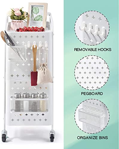 KINGRACK 3-Tier Rolling Cart, Metal Utility Cart with Pegboard, Utility Rolling Storage Carts with Wheels, Craft Storage Trolley with Handle for Kitchen Office Classroom, White