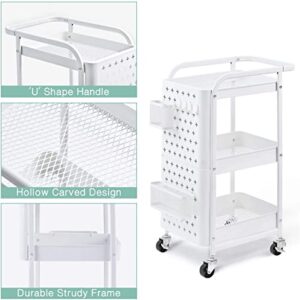 KINGRACK 3-Tier Rolling Cart, Metal Utility Cart with Pegboard, Utility Rolling Storage Carts with Wheels, Craft Storage Trolley with Handle for Kitchen Office Classroom, White