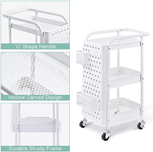 KINGRACK 3-Tier Rolling Cart, Metal Utility Cart with Pegboard, Utility Rolling Storage Carts with Wheels, Craft Storage Trolley with Handle for Kitchen Office Classroom, White