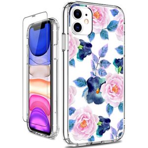 giika iphone 11 case with screen protector, clear heavy duty protective case floral girls women shockproof hard pc back case with slim tpu bumper cover phone case for iphone 11, pink blue flowers