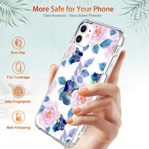 GiiKa iPhone 11 Case with Screen Protector, Clear Heavy Duty Protective Case Floral Girls Women Shockproof Hard PC Back Case with Slim TPU Bumper Cover Phone Case for iPhone 11, Pink Blue Flowers