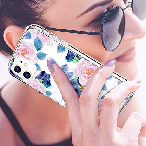 GiiKa iPhone 11 Case with Screen Protector, Clear Heavy Duty Protective Case Floral Girls Women Shockproof Hard PC Back Case with Slim TPU Bumper Cover Phone Case for iPhone 11, Pink Blue Flowers