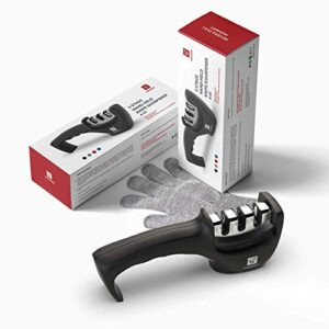 Kitchen Knife Sharpener - 3 Stage Knife Sharpening Tool Sharpens Chef's Knives - Kitchen Accessories Help Repair, Restore and Polish Blades Quickly, Food Safety Cut Resistant Glove Included, Black