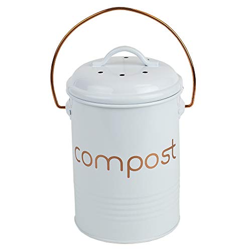 Home Basics Grove Compact Countertop Compost Bin Bucket for Kitchen Food Scraps with Lid Durable Steel and Easy to Use Handle, White