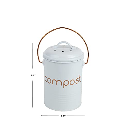 Home Basics Grove Compact Countertop Compost Bin Bucket for Kitchen Food Scraps with Lid Durable Steel and Easy to Use Handle, White