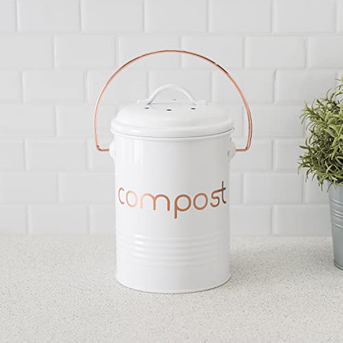 Home Basics Grove Compact Countertop Compost Bin Bucket for Kitchen Food Scraps with Lid Durable Steel and Easy to Use Handle, White