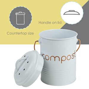 Home Basics Grove Compact Countertop Compost Bin Bucket for Kitchen Food Scraps with Lid Durable Steel and Easy to Use Handle, White