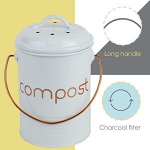 Home Basics Grove Compact Countertop Compost Bin Bucket for Kitchen Food Scraps with Lid Durable Steel and Easy to Use Handle, White