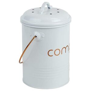 Home Basics Grove Compact Countertop Compost Bin Bucket for Kitchen Food Scraps with Lid Durable Steel and Easy to Use Handle, White