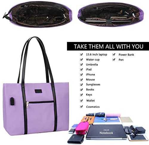 Laptop Tote Bag, Large Women Work Bag Purse USB Teacher Bag Fits 15.6 Inch Laptop (15.6 Inch, Purple)