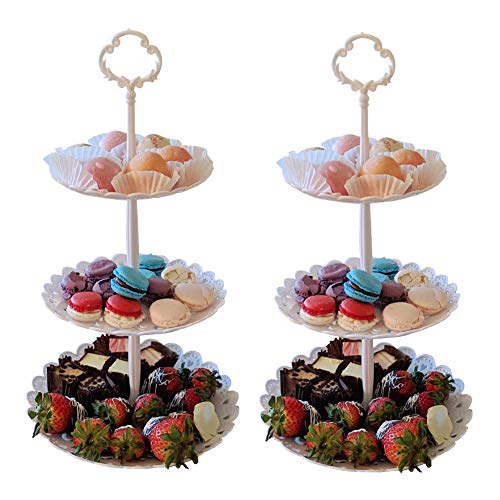 Set of 2 Pieces 3 Tier Dessert Stand Fruit Plate Cupcake Plastic White Cup Cakes Desserts Fruits Candy Buffet Serving Tray (White Round 2pcs)