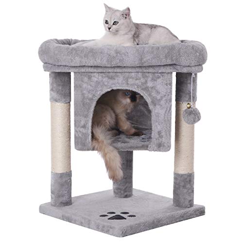 BEWISHOME Cat Tree Cat House Cat Condo with Sisal Scratching Posts, Plush Perch, Cat Tower Furniture Cat Bed Kitty Activity Center Kitten Play House, Light Grey MMJ08G