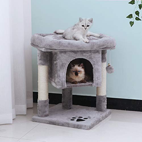 BEWISHOME Cat Tree Cat House Cat Condo with Sisal Scratching Posts, Plush Perch, Cat Tower Furniture Cat Bed Kitty Activity Center Kitten Play House, Light Grey MMJ08G