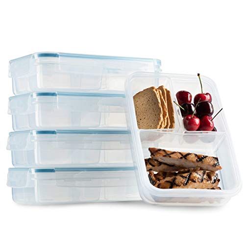 Komax Biokips Set of 5 Lunch Containers – 3 Compartment Food Container for Meal Prep, Portion Control – Microwave & Dishwasher Safe Bento Box Adult Lunch Container w/Locking Lid (37 oz)