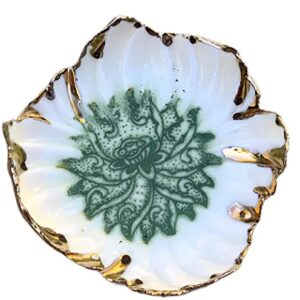 Green Lotus Flower Ring Dish with Gold Rim, Handmade Ceramic Trinket Dishes, Jewelry Gifts for Women and Men -stock photo, please read description