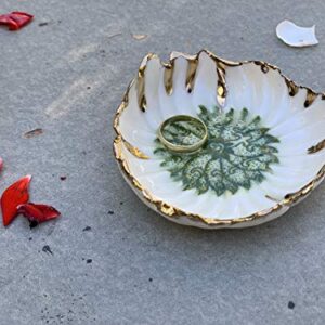 Green Lotus Flower Ring Dish with Gold Rim, Handmade Ceramic Trinket Dishes, Jewelry Gifts for Women and Men -stock photo, please read description