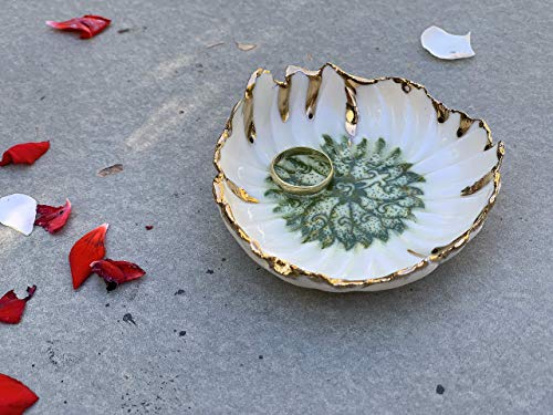 Green Lotus Flower Ring Dish with Gold Rim, Handmade Ceramic Trinket Dishes, Jewelry Gifts for Women and Men -stock photo, please read description