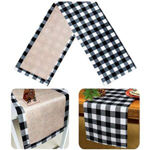 senneny christmas table runner burlap & cotton black white plaid reversible buffalo check table runner for christmas holiday birthday party table home decoration, 14 x 72 inch