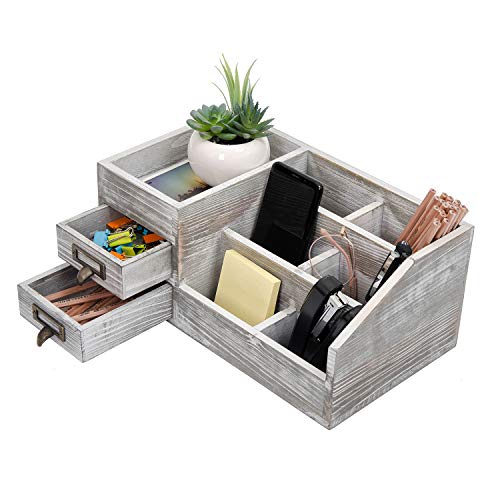 Distressed Rustic Wooden Office Desktop Organizer Wood Shelf Tabletop Home Organizer Storage with Multiple Compartments 2 Tier Drawers,perfect Jewelry storage Display Box for Desk, Vanity (gray)