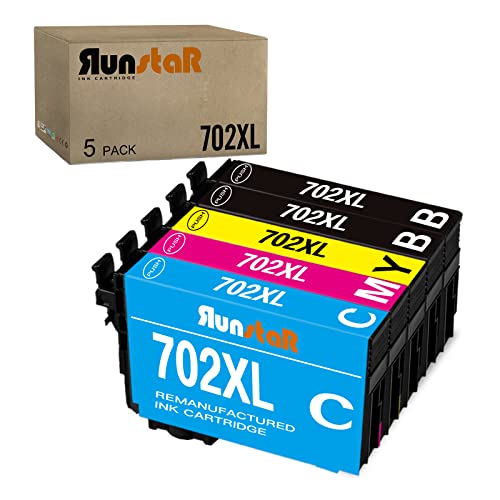 Run Star Remanufactured 5 Pack 702XL Black Ink Cartridge Replacement for Epson T702XL 702XL T702XL120 for Epson Workforce Pro WF-3720 WF-3733 WF-3730 All-in-One Printer (2Black/Cyan/Magenta/Yellow)