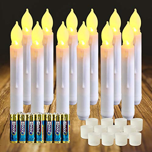 Raycare 12 PCS Battery Operated LED Taper Candles and 24 PCS Batteries (Last up to 800 Hours), Flameless Taper Candles with Flickering Warm White Light