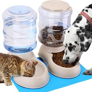 2 pack automatic cat feeder and water dispenser in set with pet food mat for small medium dog pets puppy kitten big capacity 1 gallon x 2 (2 pack cream)