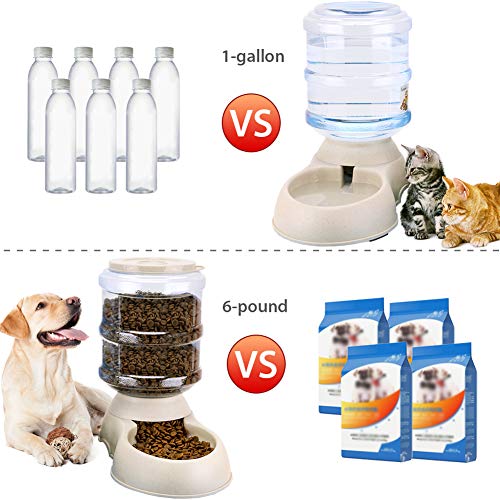 2 Pack Automatic Cat Feeder and Water Dispenser in Set with Pet Food Mat for Small Medium Dog Pets Puppy Kitten Big Capacity 1 Gallon x 2 (2 Pack Cream)