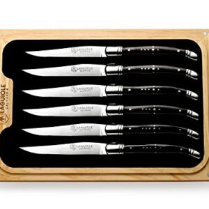 Laguiole California Steak Knives - 6 Piece Blackwood Set - Ergonomic Handles - Stored in a California Oakwood Gift Box - Extremely Sharp Straight Steel Blades are Thick Gauge, Full Tang