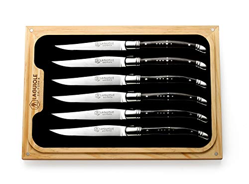 Laguiole California Steak Knives - 6 Piece Blackwood Set - Ergonomic Handles - Stored in a California Oakwood Gift Box - Extremely Sharp Straight Steel Blades are Thick Gauge, Full Tang