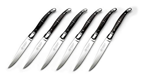 Laguiole California Steak Knives - 6 Piece Blackwood Set - Ergonomic Handles - Stored in a California Oakwood Gift Box - Extremely Sharp Straight Steel Blades are Thick Gauge, Full Tang