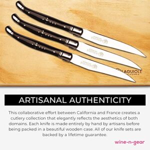 Laguiole California Steak Knives - 6 Piece Blackwood Set - Ergonomic Handles - Stored in a California Oakwood Gift Box - Extremely Sharp Straight Steel Blades are Thick Gauge, Full Tang