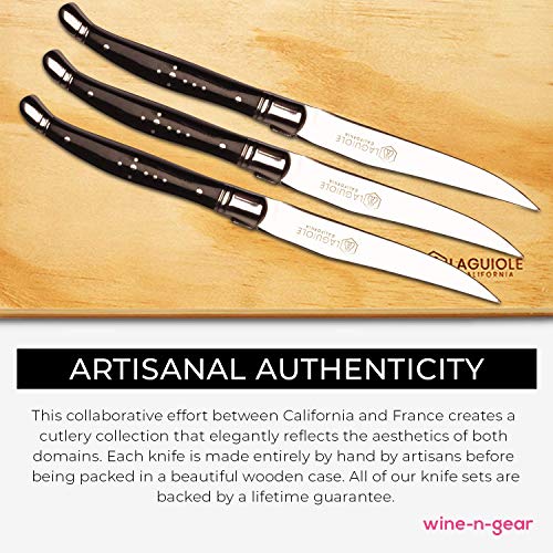 Laguiole California Steak Knives - 6 Piece Blackwood Set - Ergonomic Handles - Stored in a California Oakwood Gift Box - Extremely Sharp Straight Steel Blades are Thick Gauge, Full Tang