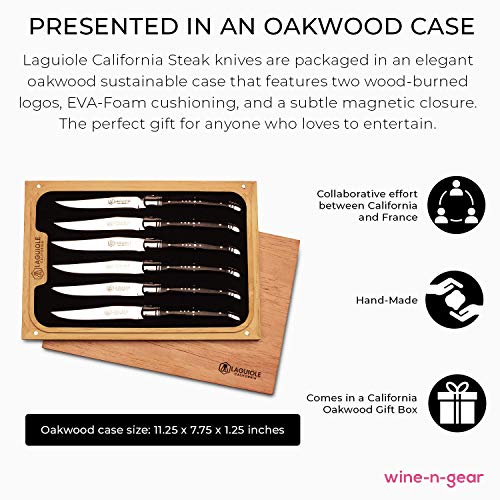 Laguiole California Steak Knives - 6 Piece Blackwood Set - Ergonomic Handles - Stored in a California Oakwood Gift Box - Extremely Sharp Straight Steel Blades are Thick Gauge, Full Tang