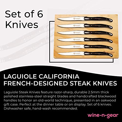 Laguiole California Steak Knives - 6 Piece Blackwood Set - Ergonomic Handles - Stored in a California Oakwood Gift Box - Extremely Sharp Straight Steel Blades are Thick Gauge, Full Tang